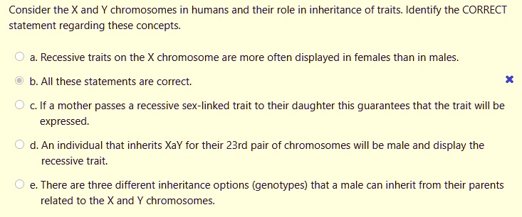 Consider the X and Y chromosomes in humans and their role in inheritance of traits. Identify the ...