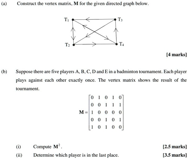 SOLVED:Construct the vertex matrix, M for the given directed graph below. [4 marks] (b) Suppose ...