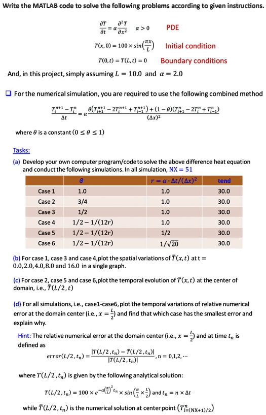write the matlab code to solve the following problem to solve the 1 d unsteady heat equation ...