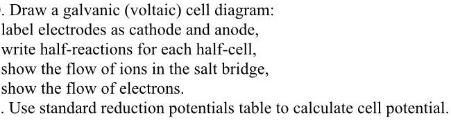 draw a galvanic voltaic cell diagram label electrodes as cathode and anode write half reactions ...