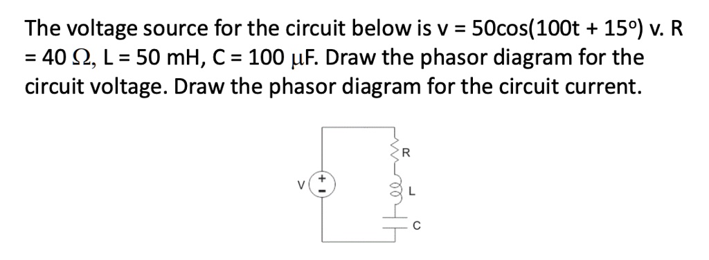 SOLVED: The voltage source for the circuit below is v = 50cos(100t + 15) V. R = 40 Î©, L = 50 mH ...