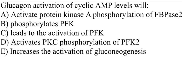 SOLVED: Glucagon activation of cyclic AMP levels will: A) Activate ...