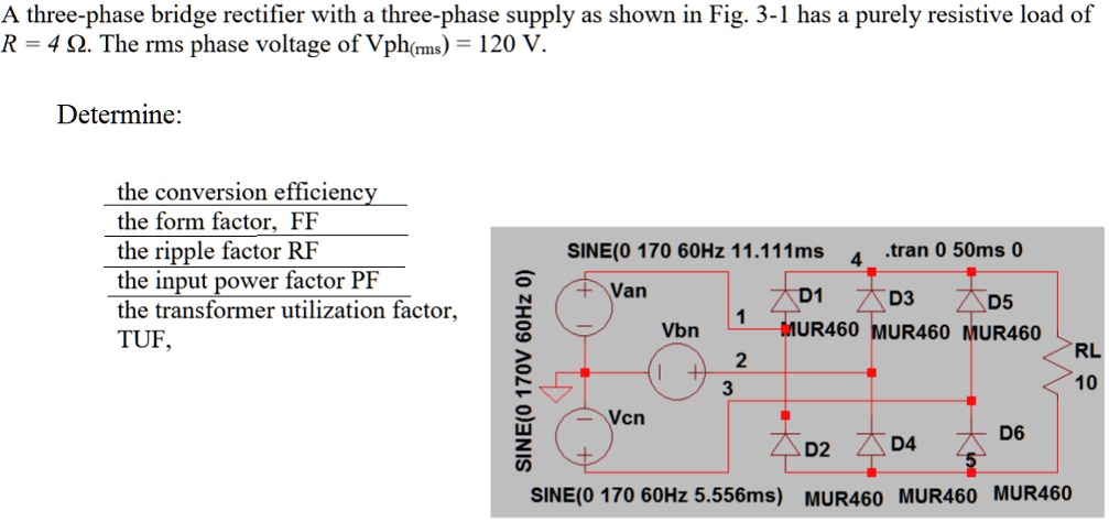 A three-phase bridge rectifier with a three-phase supply as shown in ...