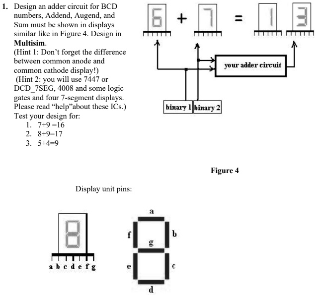SOLVED: Design an adder circuit for BCD numbers. The addend, augend, and sum must be shown in ...