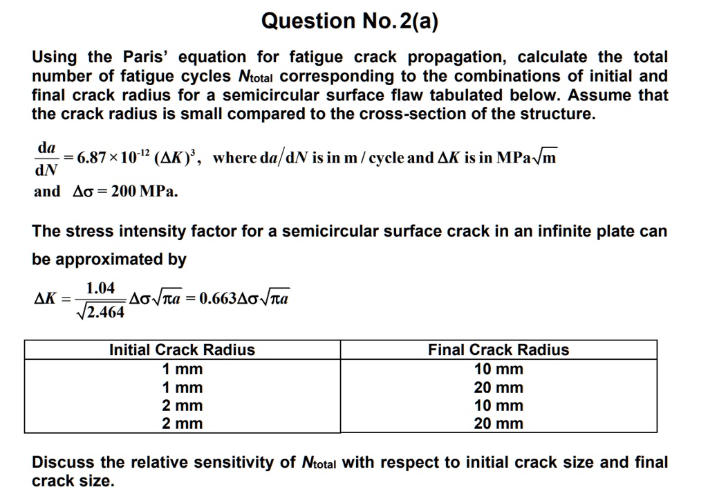 Question No.2(a) Using the Paris' equation for fatigue crack...