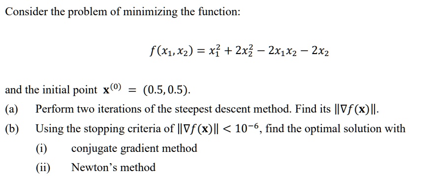 Consider the problem of minimizing the function: f(x1, x2) = x1^2 + 2x2^2 - 2x1x2 - 2x2 and the ...