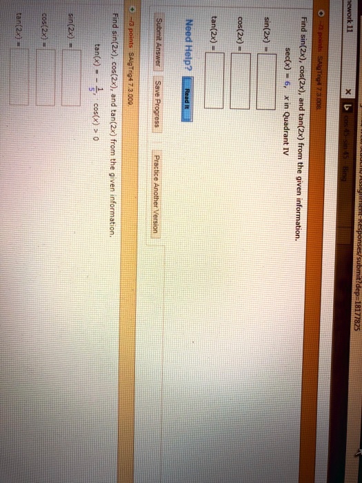SOLVED: Cos(27) sin(2r) Find tan(2x) cos(2x) sin(2x) sin(2x) U Find sin ...