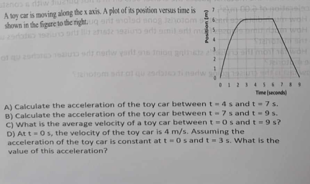 a toy car is moving along the x axis a plot of its position versus time ...