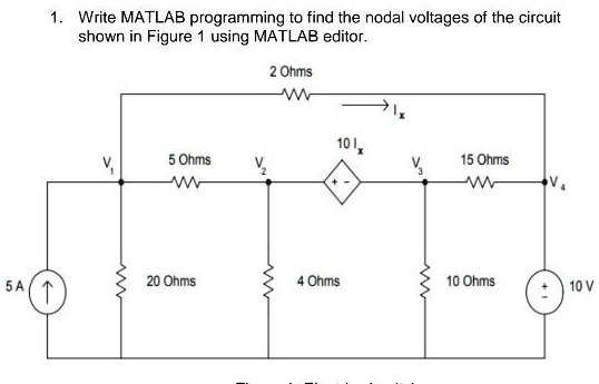 SOLVED: 5 A 1. Write MATLAB programming to find the nodal voltages of the circuit shown in ...