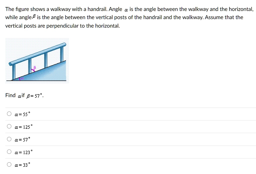 SOLVED: The figure shows a walkway with a handrail. Angle 0 is the ...
