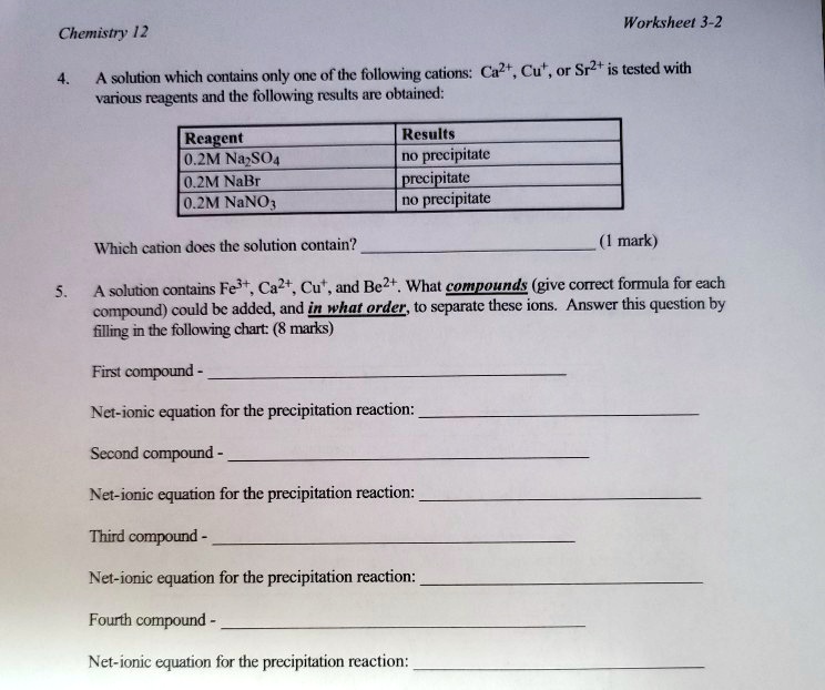 Worksheet 3-2 Chemistry 12 A solution which contains only one of the ...
