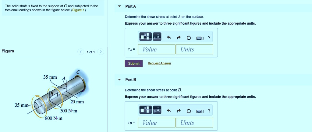 SOLVED: The solid shaft is fixed to the support at C and subjected to ...