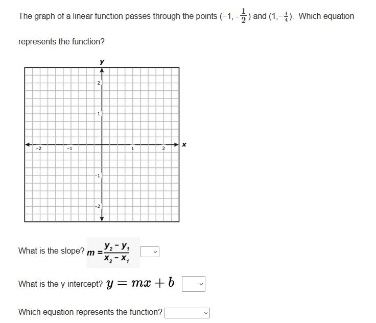 SOLVED: The graph of a linear function passes through the points (-1,-(1)/(2)) and (1,-(1)/(4 ...