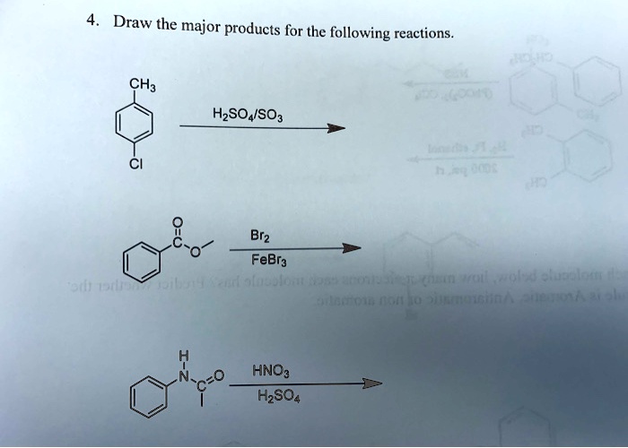 Draw the major products for the following reactions. H2SO4 + SO3 Br2 + FeBr3 1 (' ' Sa ".| HNO3 ...