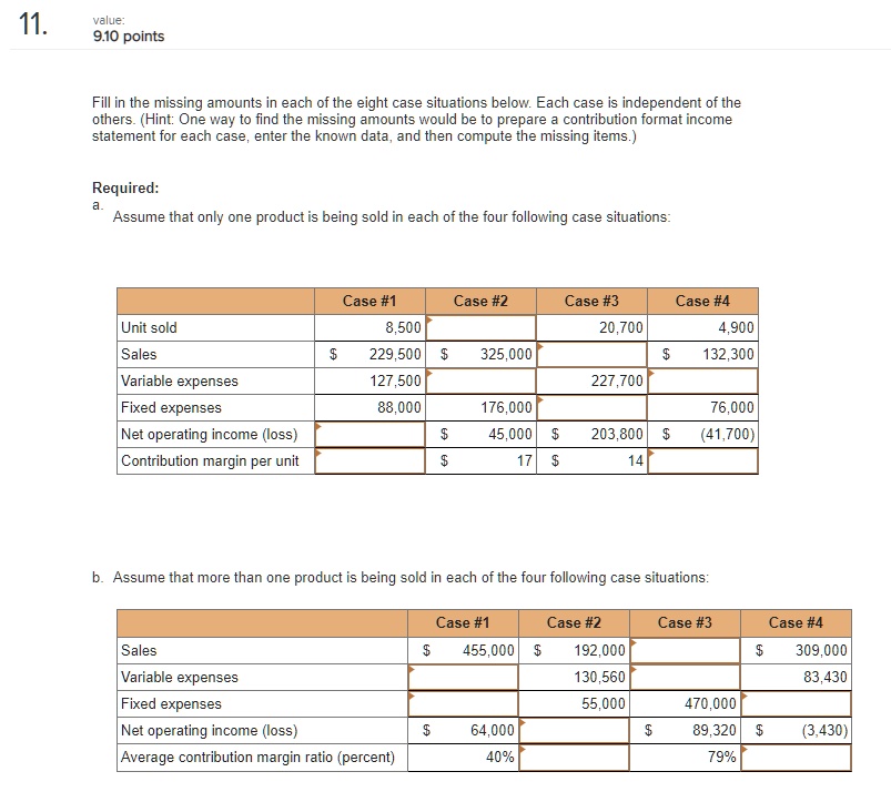 SOLVED: 11. value: 9.10 points Fill in the missing amounts in each of the eight case situations ...