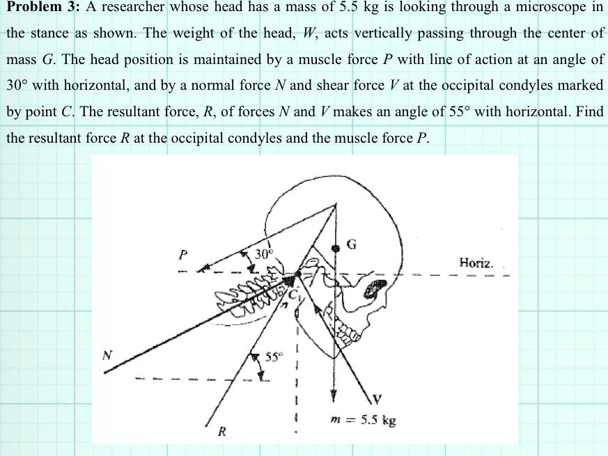 Problem 3: A researcher whose head has a mass of 5.5 kg is looking ...
