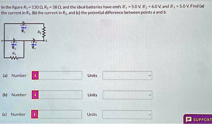 SOLVED: Texts: 27-9 In the figure, R = 130 Ω, R2 = 38 Ω, and the ideal batteries have emfs of 5 ...