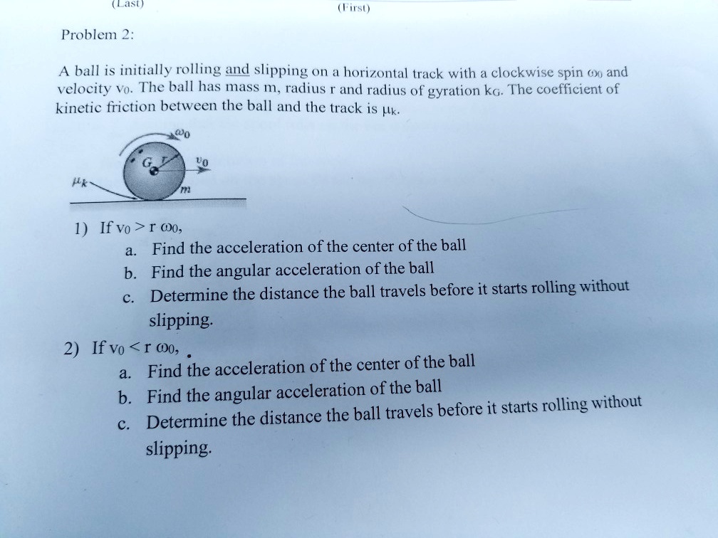 Problem 2: A ball is initially rolling and slipping on a horizontal track with a clockwise spin ...