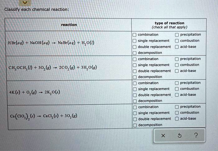 Solved Classify Each Chemical Reaction Reaction Type Of Reaction Check All That Apply