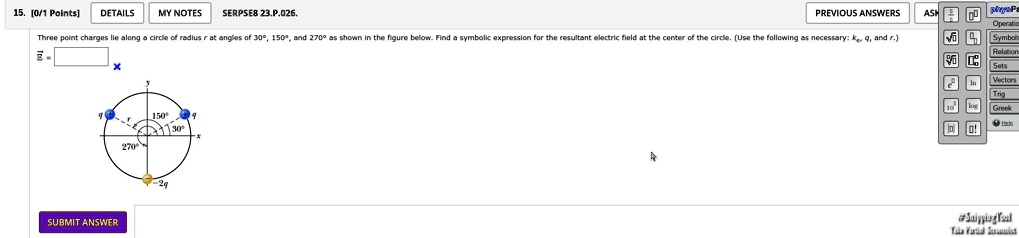 three point charges lie along a circle of radius r at angles of 30 150 ...