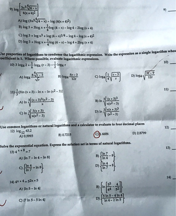 SOLVED 2 Log 4 x 42 A Log 3x34 X Log 4 x 4 2 B Log 3 3log
