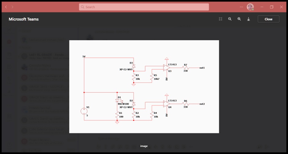 Microsoft Teams SV D3 LT1413 R7 out1 XP-E2-WHT U3 330 R3 10k R5 10k7 D1 ...
