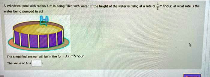 a cylindrical pool with radius 4 m is being filled with water if the ...