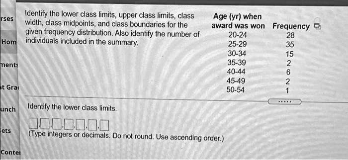 SOLVED: rses Identify the lower class limits, upper class limits, class Age (yr) when width ...