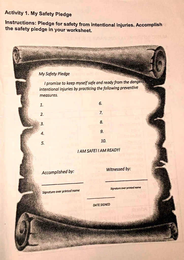 SOLVED: Activity 1. My Safety Pledge Instructions: Pledge for safety ...