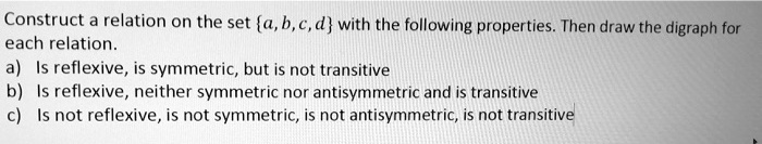 construct relation on the set abd with the following properties then draw the digraph for each ...