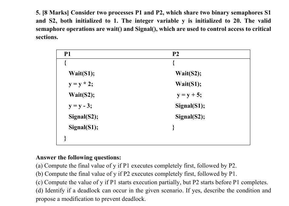 5 8 marks consider two processes p1 and p2 which share two binary semaphores s1 and s2 both ...