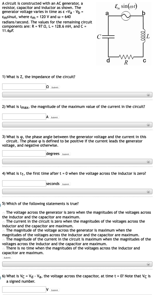 SOLVED:circuit is constructed with an AC generator resistor; capacitor and inductor as shown ...