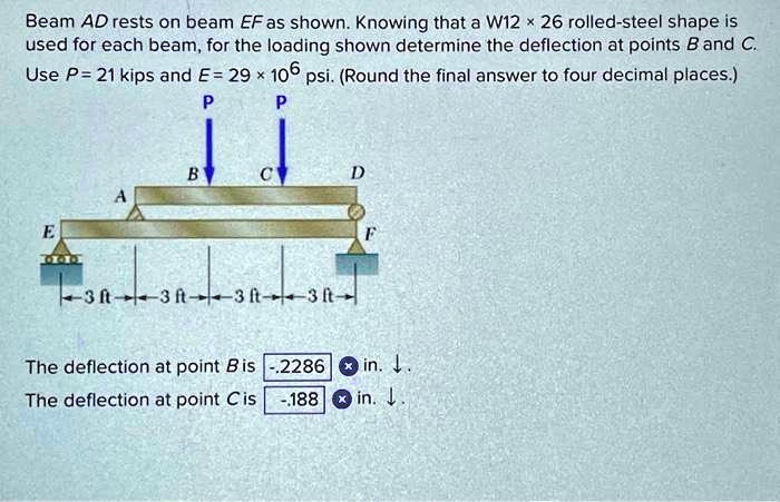 SOLVED: Beam AD rests on beam EF as shown.Knowing that a W12 x 26 ...