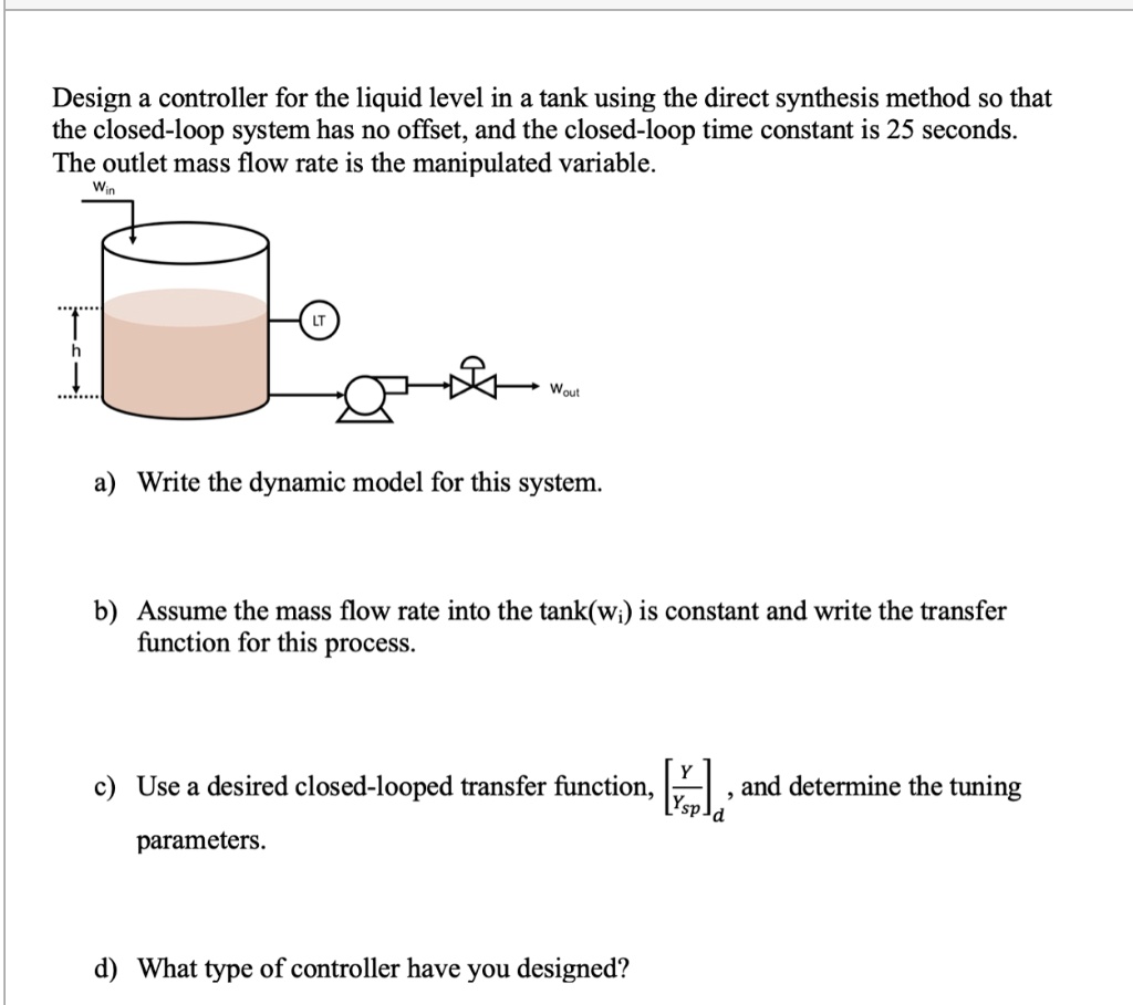 design a controller for the liquid level in a tank using the direct synthesis method so that the ...