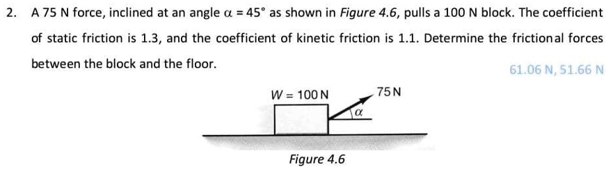 SOLVED: A 75 N force, inclined at an angle Î±=45Â° as shown in Figure 4.6, pulls a 100 N block ...