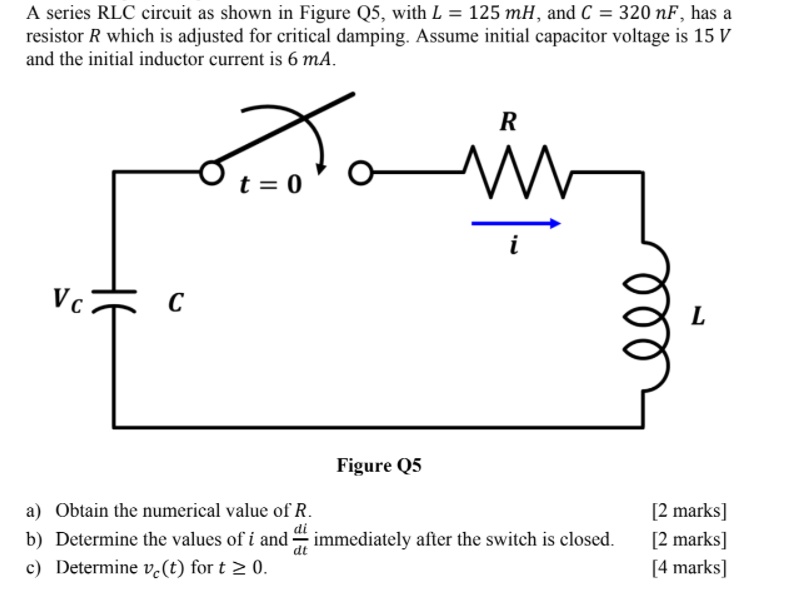 A series RLC circuit as shown in Figure Q5, with L = 125 mH,...