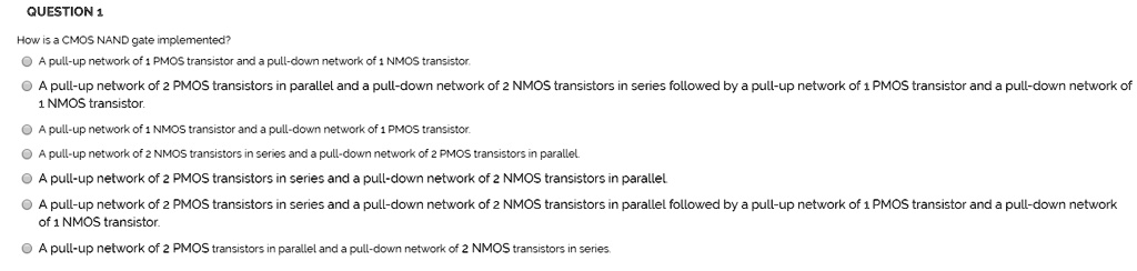 How is a CMOS NAND gate implemented? A pull-up network of 2 PMOS ...
