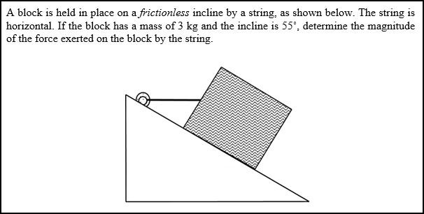 SOLVED: A block is held in place on a frictionless incline by a string, as shown below. The ...