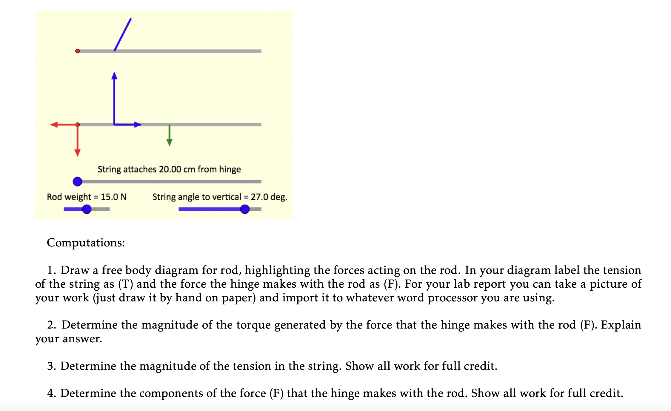 Computations: 1. Draw a free body diagram for rod, highlighting the ...