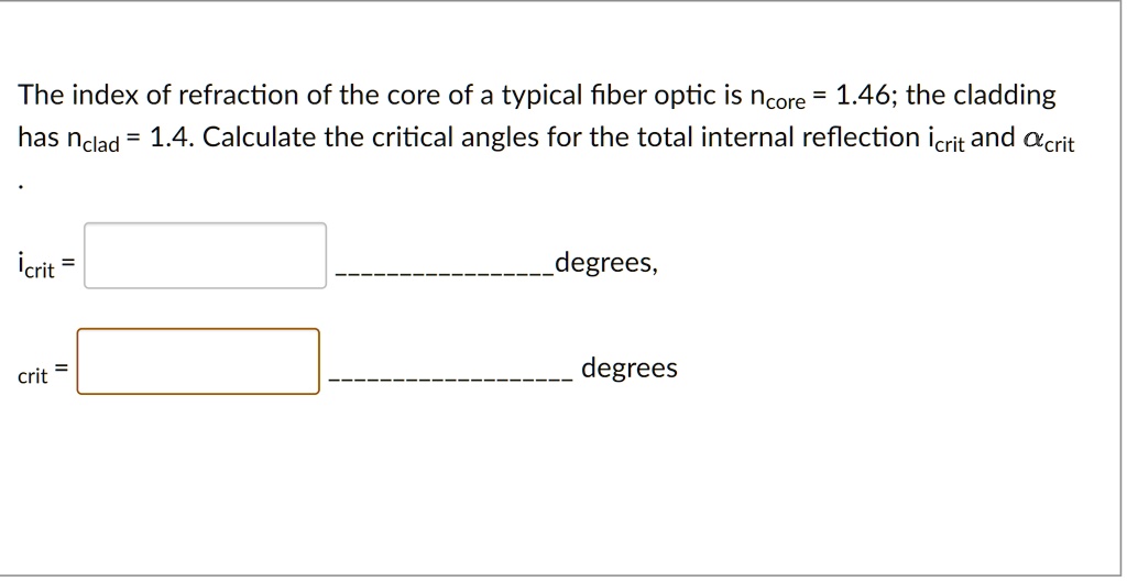 the index of refraction of the core of a typical fiber optic is ncore 146 the cladding has nclad ...