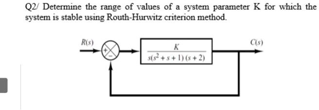 Q2/ Determine the range of values of a system parameter K for which the system is stable using ...