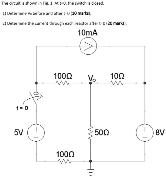 SOLVED: The circuit is shown in Fig: 1. At t=0, the switch is closed. 1) Determine Vo before and ...