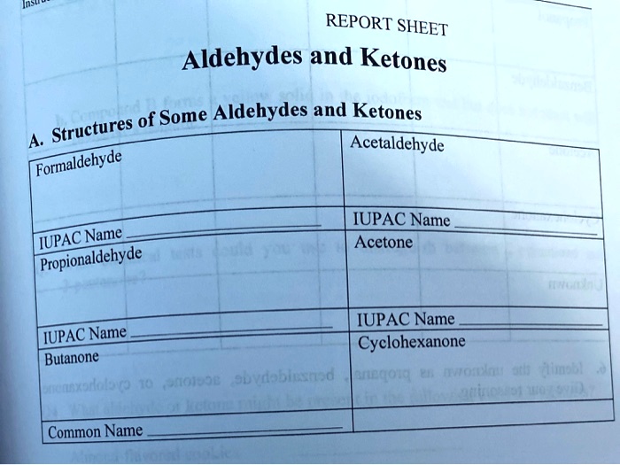 SOLVED: REPORT SHEET Aldehydes and Ketones of Some Aldehydes and Ketones Structures Acetaldehyde ...