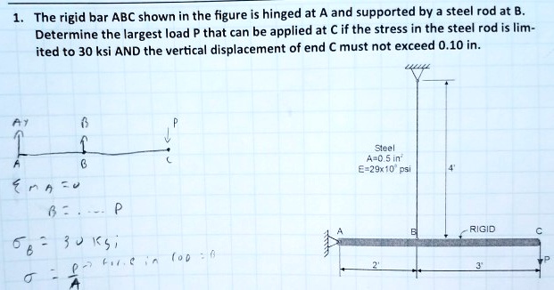 SOLVED: The rigid bar ABC shown in the figure is hinged at A and supported by a steel rod at B ...