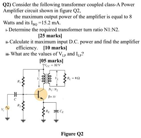 SOLVED: Consider the following transformer-coupled class-A Power Amplifier circuit shown in ...