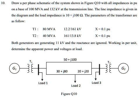 SOLVED: Three-phase schematic of the system shown in Figure Q10 with all impedances based on 100 ...