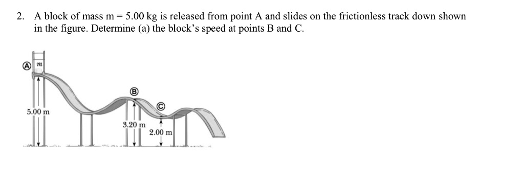 a block of mass m 500 kg is released from point a and slides on the frictionless track down ...