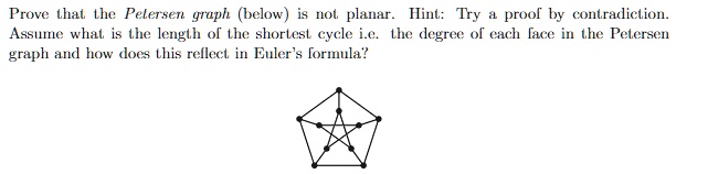 Prove that the Petersen graph (below) is not planar. Hint: Try a proof by contradiction. Assume ...