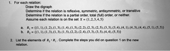 1. For each relation: Draw the digraph Determine if the relation is reflexive, symmetric ...