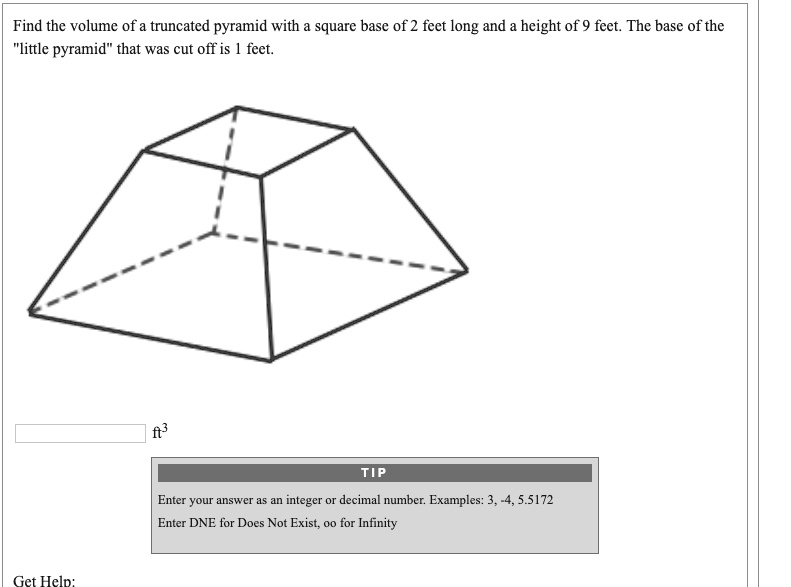 SOLVED: Find the volume of a truncated pyramid with square base of 2 ...